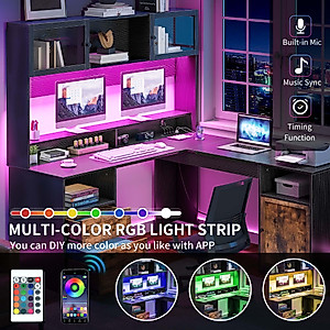 YITAHOME L Shaped Desk with Drawers & Hutch, 61" Computer Desk with Power Outlets & LED Lights, Corner Office Desk with Storage Cabinet, Drafting Table, Wood Desk, Black & Rustic Brown