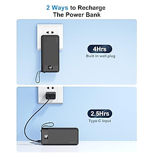 ANOUV Portable Charger with Built-in Cables&AC Wall Plug,10000mAh Power Bank,PD 22.5W USB-C Fast Charging External Battery Pack with LED Display Compatible with iPhones and All Smart Device（1 Pack）