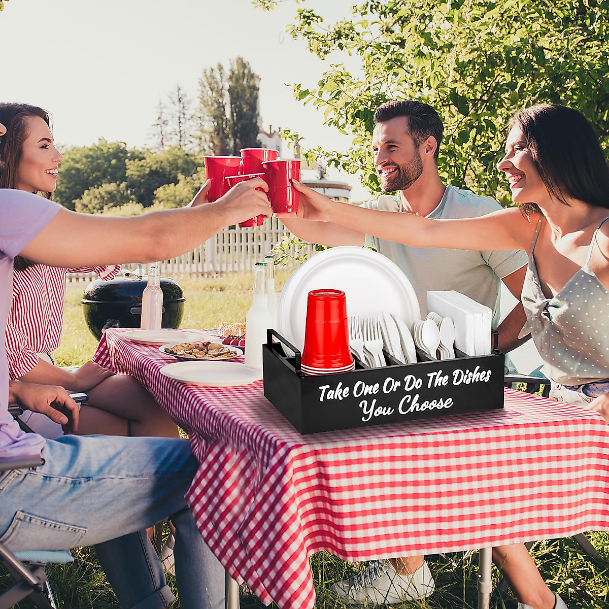 Paper Plate Organizer Holder for Countertop, Silverware Caddy with 6 Compartments for Plates, Cups, Fork, Knives, Spoon and Napkins, Paper Plate and Utensil Caddy for Party, Camping, Picnic (Black)