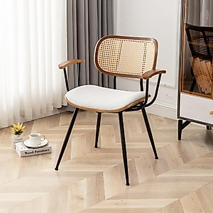 YOUUGIOR Rattan Dining Room Chairs Set of 2,Mid Century Modern Kitchen Side Chairs, Metal Legs Desk Chairs,Linen Fabric Accent Chairs with Arms and Rattan Backrest,Beige