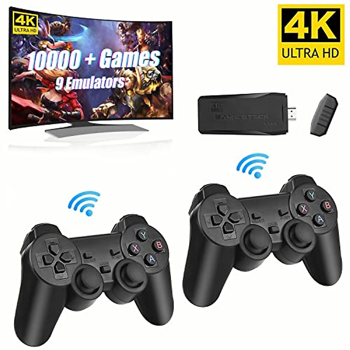 FUNTELL Wireless Retro Game Console, Plug & Play Video TV Game Stick With 10000+ Games Built-in, 64G, 9 Emulators, 4K HDMI Output for TV with Dual 2.4G Wireless Controllers