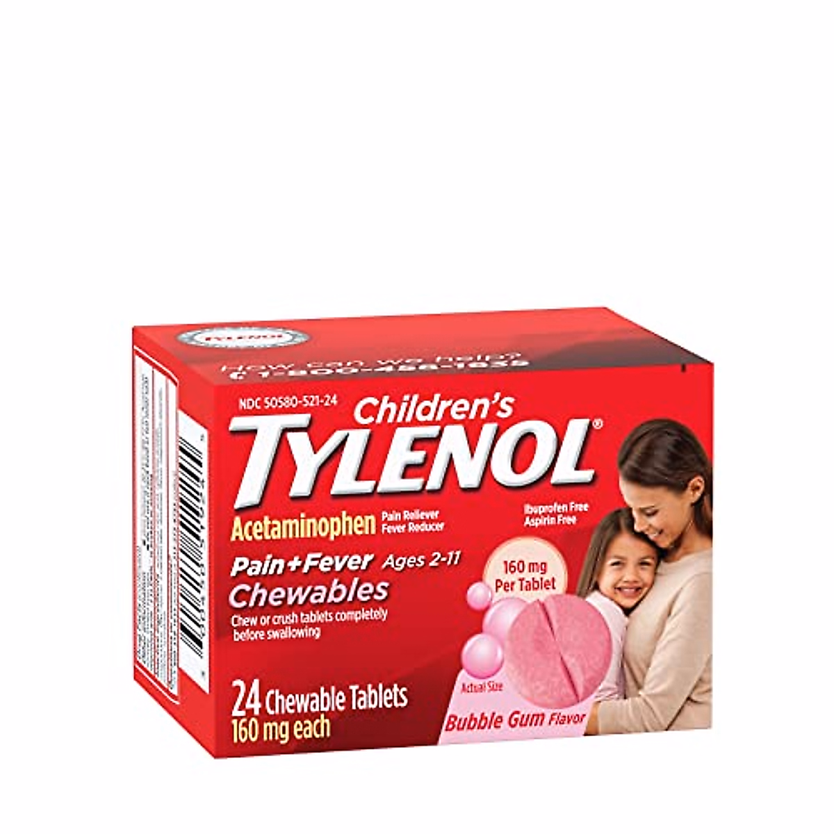 Tylenol Children's Chewables with 160 mg Acetaminophen, Pain Reliever & Fever Reducer for Kids' Cold + Flu Symptoms, Headache, Sore Throat & Toothache, Aspirin-Free, Bubble Gum, 24 ct
