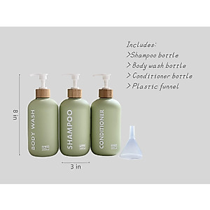 OLLIES Shampoo and Conditioner Dispenser, Shower Soap Dispenser for Bathroom-Set of 3 with Permanent Stylish Label-17oz, 500ml Refillable Shampoo and Conditioner Bottles Green
