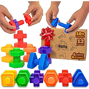 Skoolzy Plastic Nuts and Bolts 12 Piece - Kids Nuts and Bolts - Toddler Engineering Toys for 18+ Months - Screw Toys for Toddlers