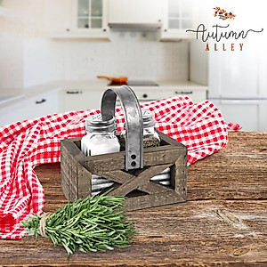 Autumn Alley Barn Door Rustic Salt and Pepper Shakers Set in Wood and Galvanized Caddy | Farmhouse Salt and Pepper Shakers For Rustic Kitchen Decor | Rustic Kitchen Accessory for your Country Kitchen