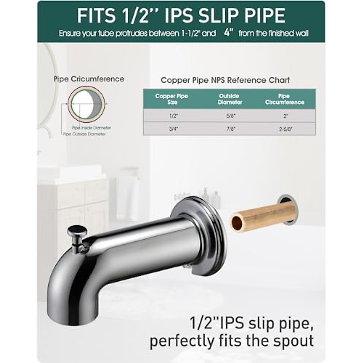 LOCALAND Slip-On Extra Long Tub Spout with Diverter, 1/2 Inch Slip Fit Connection,Chrome Plated