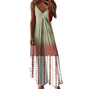 Women's Summer Casual Sleeveless Dress V Neck Spaghetti Strap Maxi Long Dress Color Block Printed Beach Sun Dresses Green