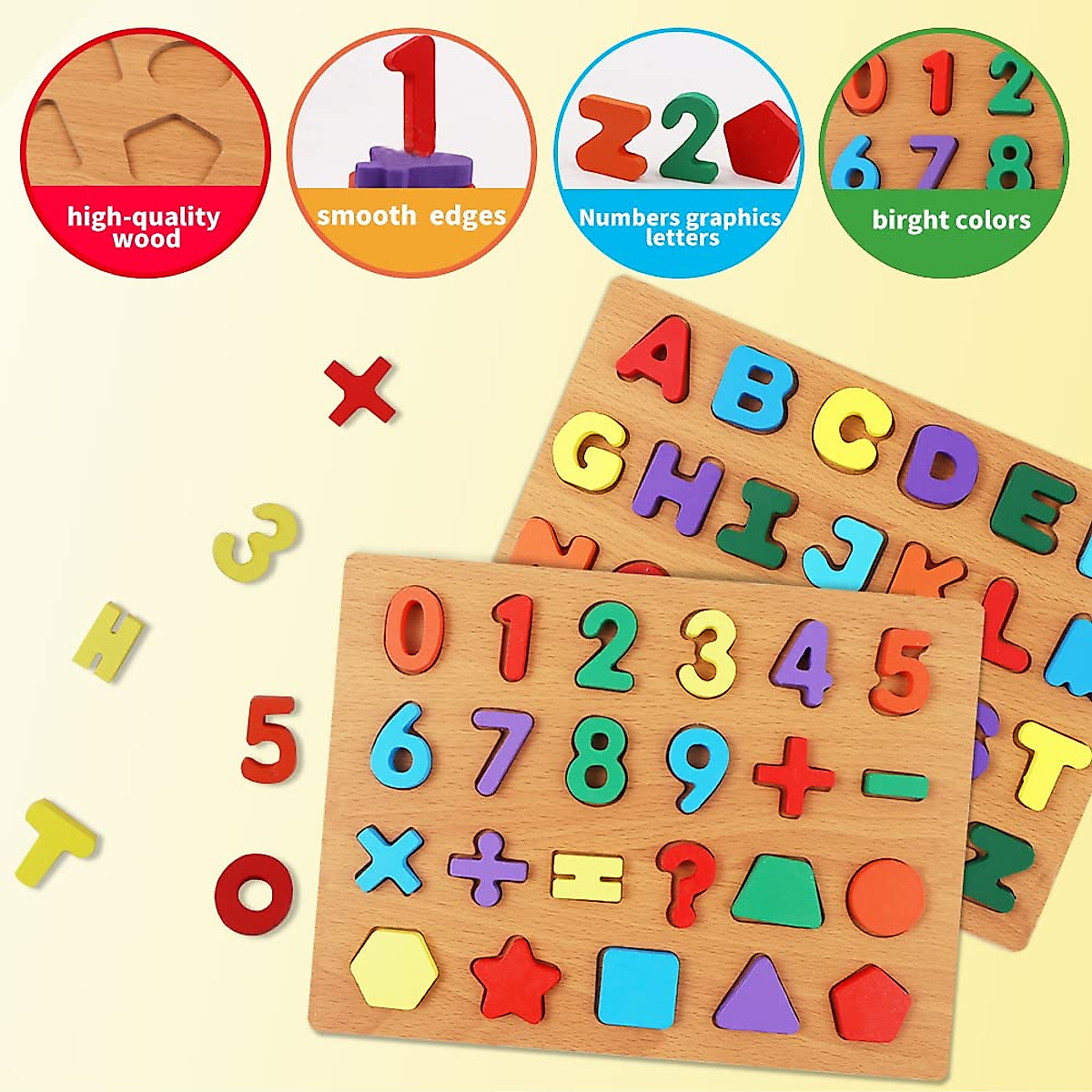 Puzzles for Toddlers, 2 Pack Wooden ABC Alphabet Number Shape Puzzles Toddler Learning Puzzles Toys Ages 1-3, Preschool Educational Toys Gift for Kids Boys Girls 2-4 Years Old