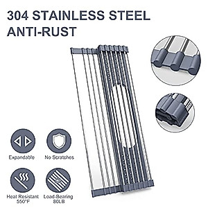 LEMIKKLE 20" x 15.2" Roll Up Dish Drying Rack Over The Sink Dish Drying Rack,Multi-Purpose Kitchen Rolling Dish Drainer Foldable SUS304 Stainless Steel Dish Drying Rack