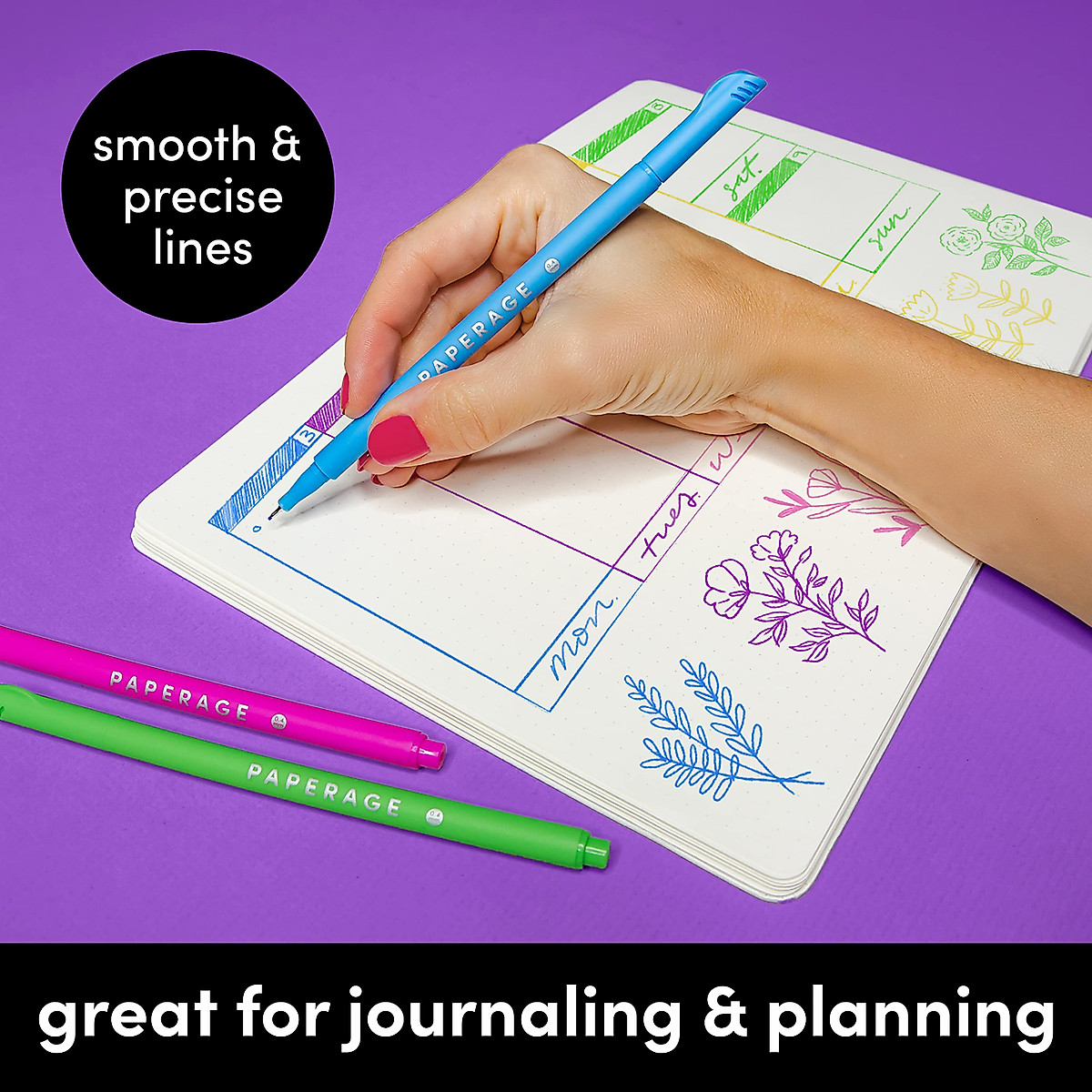 PAPERAGE Felt Tip Fine Line Marker Pens (0.4 mm Metal Pen Nib), 18 Pack Pen Set for Bullet Style Journals, Notebooks, Planners, Calendars, Notes & Coloring - Use at Home, Office, School