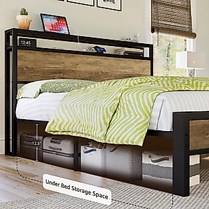Queen Size Bed Frame, Platform Bed Frame with 2-Tier Storage Headboard and Charging Station/No Box Spring Needed/Noise Free/Industrial/Light Brown