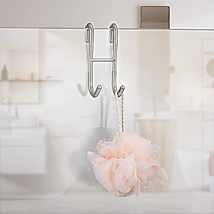 Haitis 2 Pack Over Shower Glass Door Hooks, Polished Silver, SUS 304 Stainless Steel Rack Hooks, Bathroom Frameless Drilling-Free Hanger, for Bathing Suits, Robe, Towel, Squeegee, Loofah, Shaver