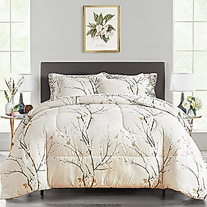 UOZZI BEDDING Cream White Bed in a Bag Twin 6 pc Branch Style All Season Soft Microfiber Reversible Bed Comforter Set (1 Comforter 2 Pillow Shams 1 Flat Sheet 1 Fitted Sheet 1 Pillowcases)