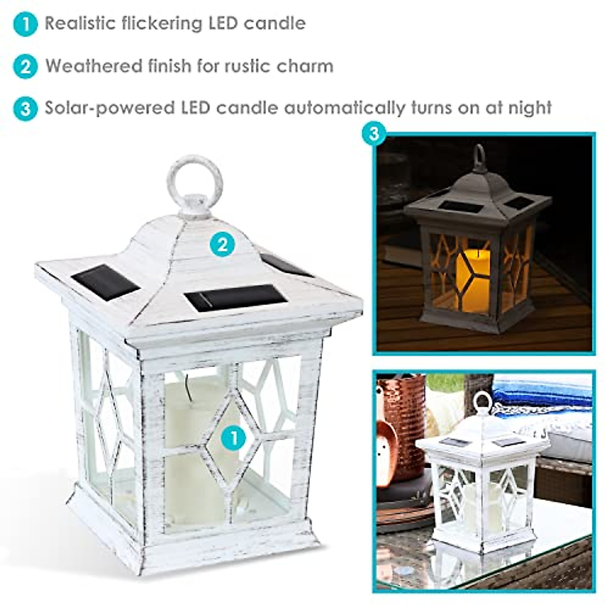 Sunnydaze Lucien Outdoor Solar LED Decorative Candle Lantern - Rustic Farmhouse Decor for Patio, Porch, Deck and Garden - Tabletop and Hanging Outside Light - Set of 2 - White - 9-Inch