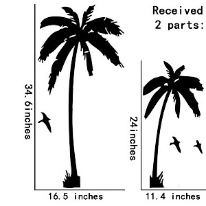 BIBITIME 2 Coconut Trees Wall Decal Black Vinyl Coco Palm Silhouette Birds Sticker for Living Room School Nursery Bedroom Kids Children Rooms Decor Home Art Murals