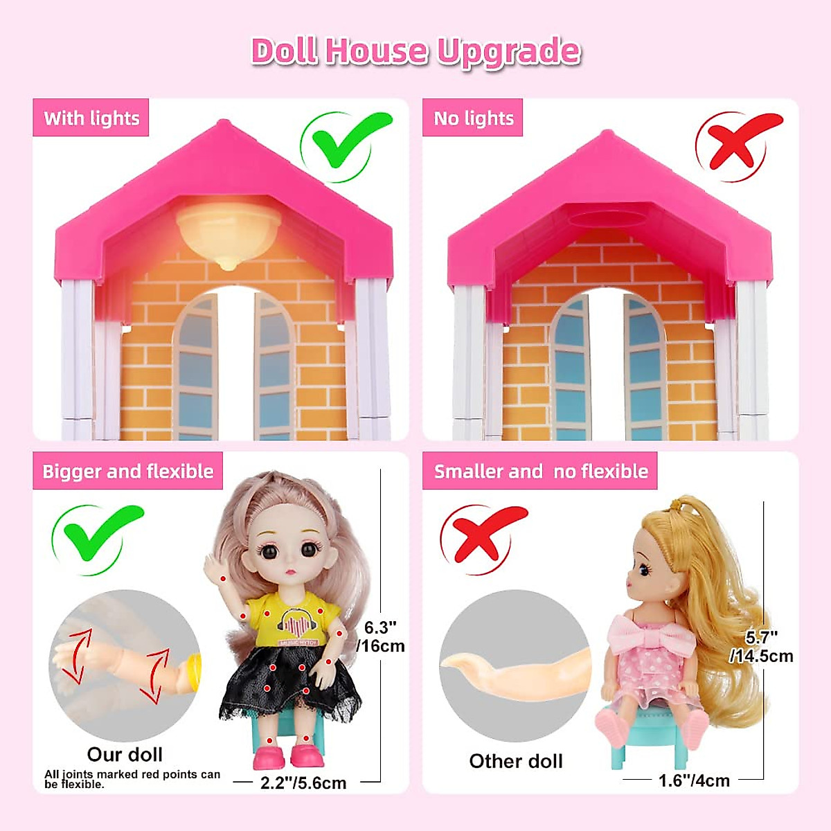 Dollhouse Kit, Doll House Asseccories and Furniture, DIY Pretend Play Building Playset Toys with Doll and Lights, Princess House for Toddlers, Kids Boys & Girls (4 Rooms)