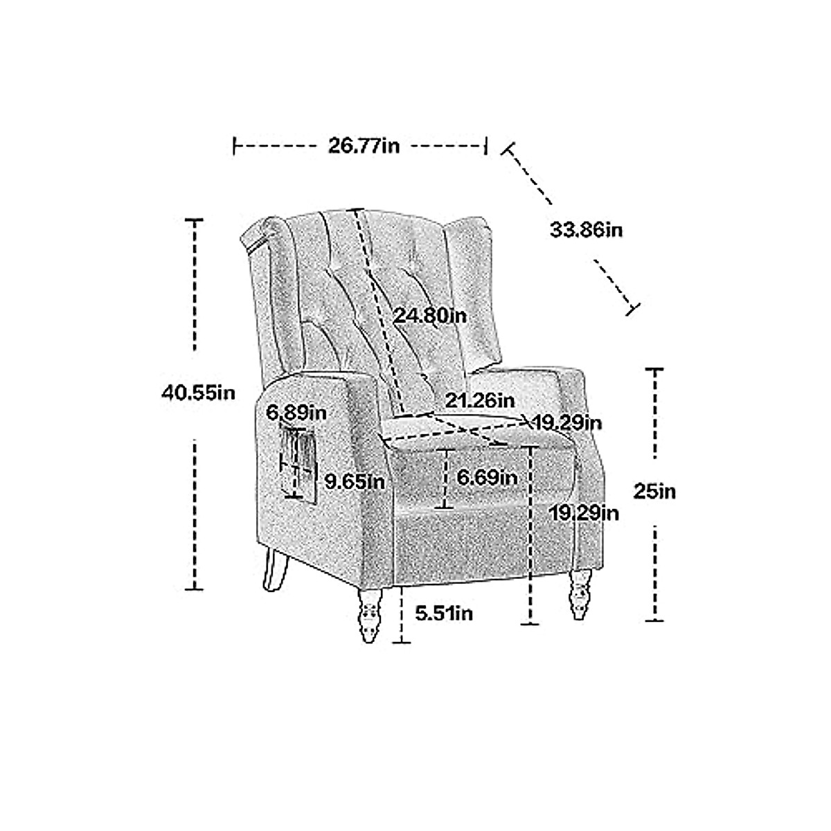 Arm Pushing Recliner Chair, Modern Button Tufted Wingback Manual Push Back Recliner Chair with Wood Leg & Side Pocket, Upholstered Living Room Chair Single Reclining Sofa Home Theater Seating Rose Red