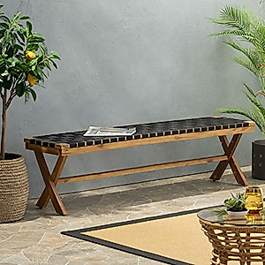 Christopher Knight Home Jeffery Outdoor Acacia Wood Bench with Rope Seating, Black and Teak 61x13.75x16.25 inches
