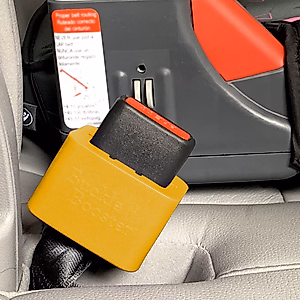 BPA-FREE Car Seat Belt Buckle Booster Yellow - Keeps Your Receptacle Stable & Upright – with Kid Safety Sticker Set Gift (2-Pack, Combo Pack (1 Tall + 1 Short))