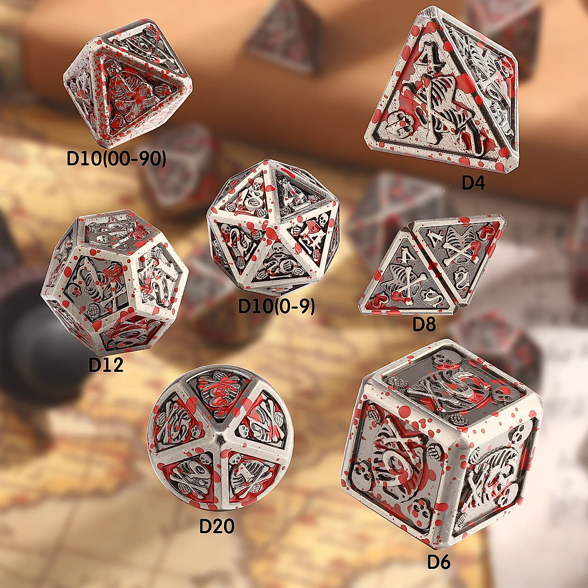 Halloween Dice Set Bloodstained Metal Polyhedral Gaming Dice Set Engraved Skeleton Dice for Tabletop Role Playing Games Dungeons and Dragons