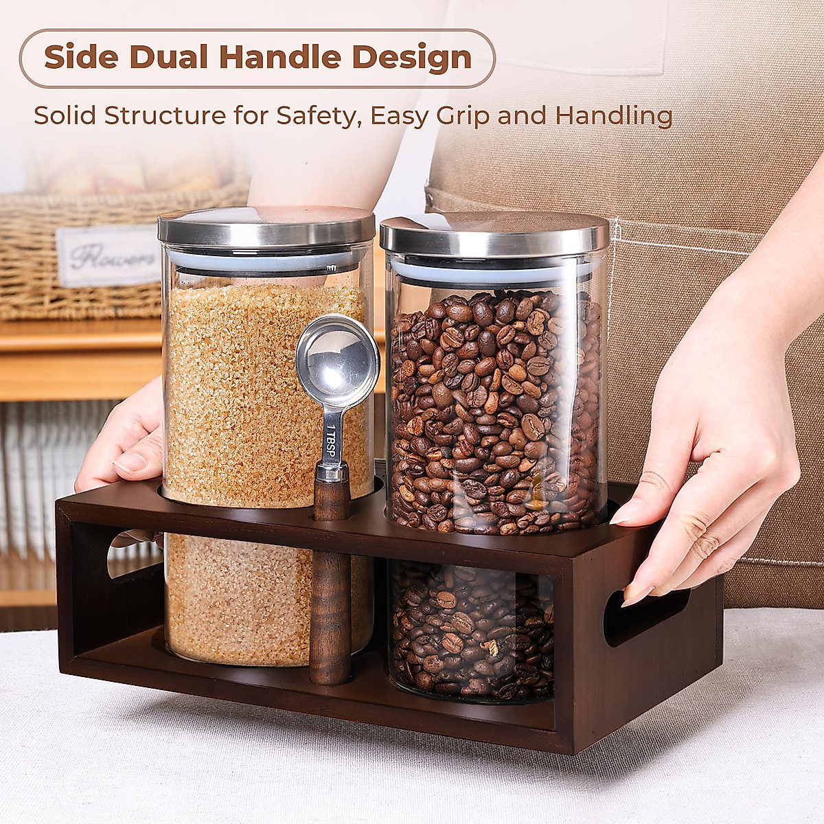 ComSaf Coffee Container for Ground Coffee, 44 OZ Coffee Canister with Stainless Lids, 2 PCS Glass Coffee Storage Container with Shelf, Coffee Bean Storage Jars with Metal Scoop Coffee Bar Accessories