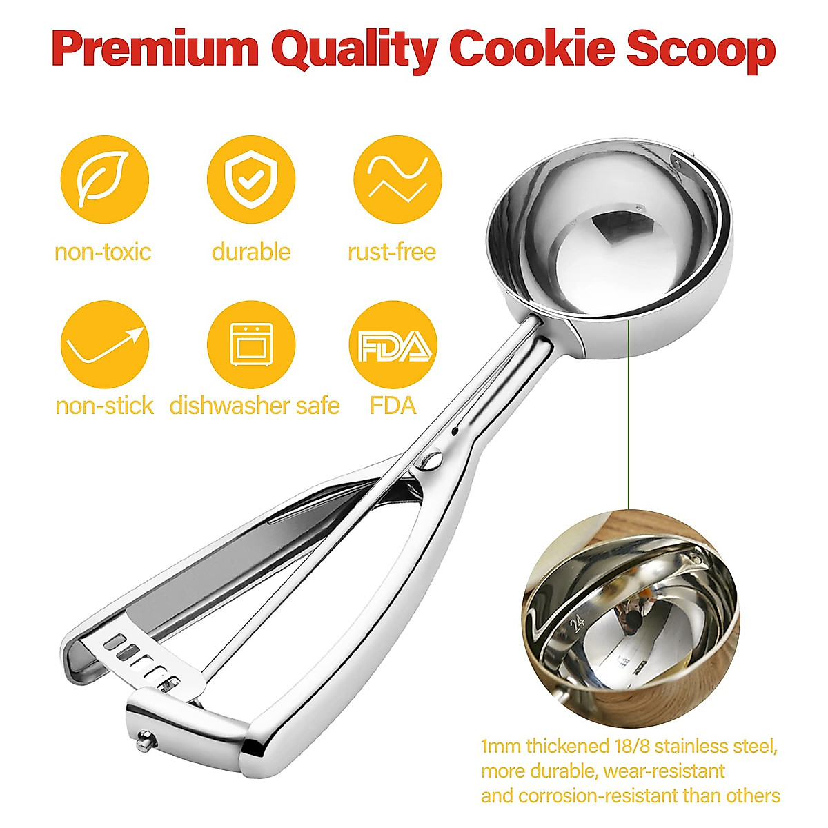 Cookie Scoop Set of 3 - Ice Cream Scoop with Trigger Include 1.5 Tbsp / 2.8 Tbsp / 5.4 Tbsp - 18/8 Stainless Steel Heavy Duty Cookie Dough Scoop for Baking Melon Baller Meatball Cupcake Muffin