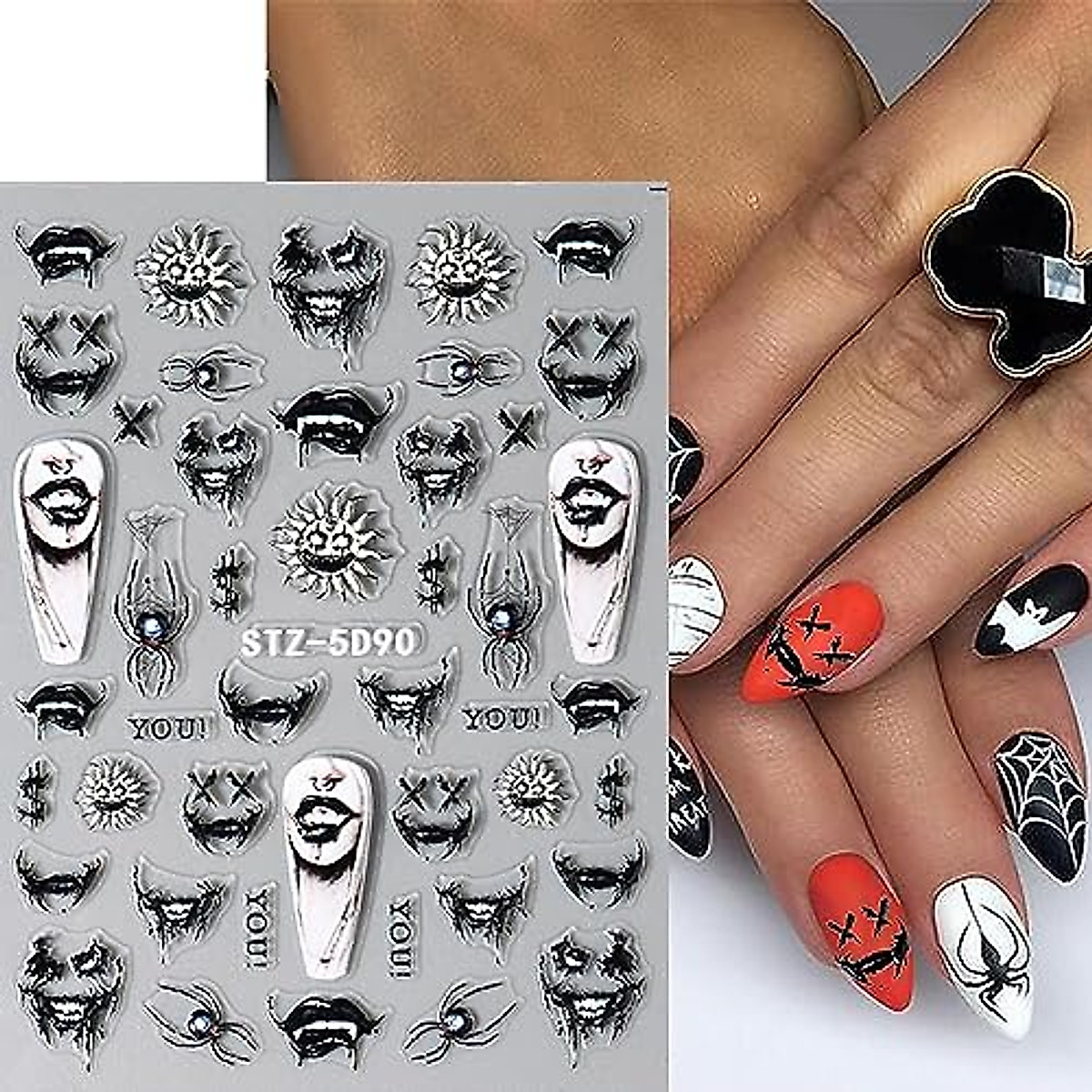 6 Sheets Halloween Nail Stickers 5D Stereo Relief Nail Decals for Acrylic Nail Art Gothic Evil Eyes Ghost Face Skeleton Pegatinas Uñas Self-Adhesive Nail Art Supplies Sky Wings Design Nail Accessories