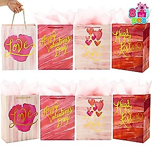 JOYIN 8 PCS Valentine’s Day Gift Bags with Tissue Paper, Large 10 X 12.8 X 4.4 inch with 4 Red Themed Designs for Kids Party Favor, Classroom Exchange Prizes, Present Wrapping