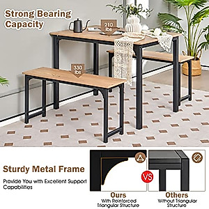 Giantex Dining Table with Bench, Modern Studio Collection Table with 2 Benches, Kitchen 3Pcs Bench Dining Table Set with Metal Frame for Living Room, Kitchen, Small Space
