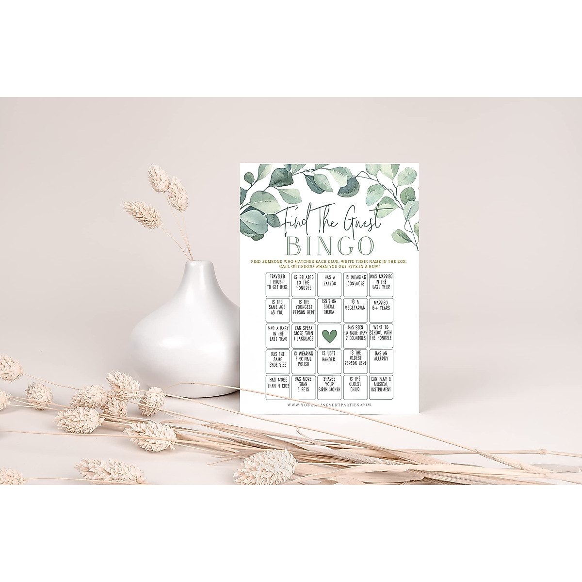 Your Main Event Prints Eucalyptus Floral Find The Guest Bingo Game for Bridal Shower, Baby Shower and Bachelorette Parties, 50 Game Cards Included