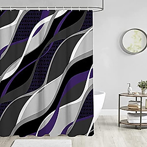 AAtter Purple Shower Curtain Black Grey Gray White Modern Dark Accent Lavender Lilac Boho Abstract Weave Textured Neutral Plum Geometric Stripe Home Bathroom Decor Bathtub Set, 60x72, Contemporary