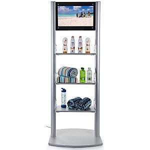 Displays2go 73.25”h Aluminum Tiered Digital Display with 3 Adjustable Shelves and 21.5” LCD Screen – Silver (DRS21SV)