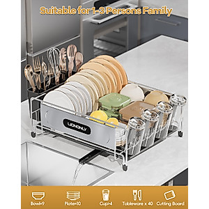 LIONONLY Dish Drying Rack, Dish Racks for Kitchen Counter, 304 Stainless Steel Dish Drainer Drainboard Set with Smart Drainage, 360° Adjustable Spout, Utensil Holder and Cup Holder,Black