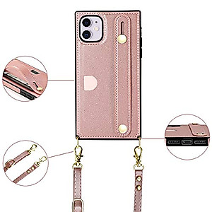 KIHUWEY iPhone 11 Crossbody Wallet Case with Credit Card Holder,Protective Kickstand Cover Case for iPhone 11 6.1 Inch (Rose Gold)