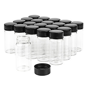 Furnido 20ml Glass Sample Vial,20 Pcs Empty Refillable Glass Bottle with Black Screw Caps,Essential Oil Bottle Storage Liquid Sampling Collection Container,20 Label (Clear)