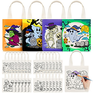 Amylove 24 Pcs Halloween Coloring Goodie Bags 8'' x 8.5'' Small Reusable Canvas Bag Tote Bags for Kids Reusable Party Favor Bags Color Your Own Bag for DIY Painting Carnival Birthday Art Supplies