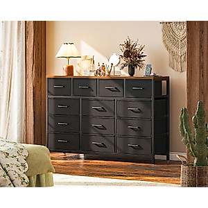 Casaottima Dresser for Bedroom with Charging Station, 57" Long Dresser with 13 Storage Drawers, Large Fabric Dressers Chests of Drawers with Shelves, Black and Vintage