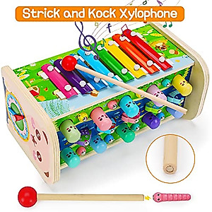 7 in 1 Hammering Pounding Toys Wooden Montessori Educational Fishing Game Xylophone Toy for 1 2 3 Year Old Sensory Developmental Toy Fine Motor Easter Toy Gift Preschool Toddler Activity Age 1-2 2-4