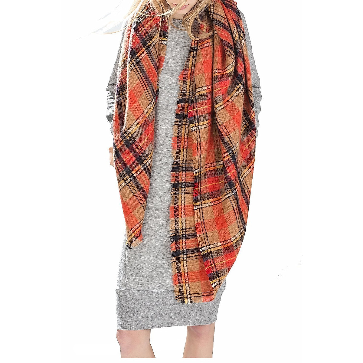 Century Star Women's Stylish Warm Tassels Soft Plaid Tartan Scarf Winter Large Blanket Wrap Shawl Beauty Orange