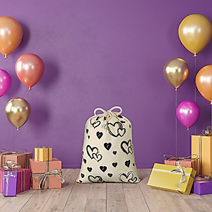 3 Pieces Large Canvas Gift Bags with Drawstring Christmas Gift Bag Printed with Hearts Bridal Shower Wedding Present Bags Drawstring Bag for Girls Valentines Day Anniversary Supplies,20 x 16 Inches