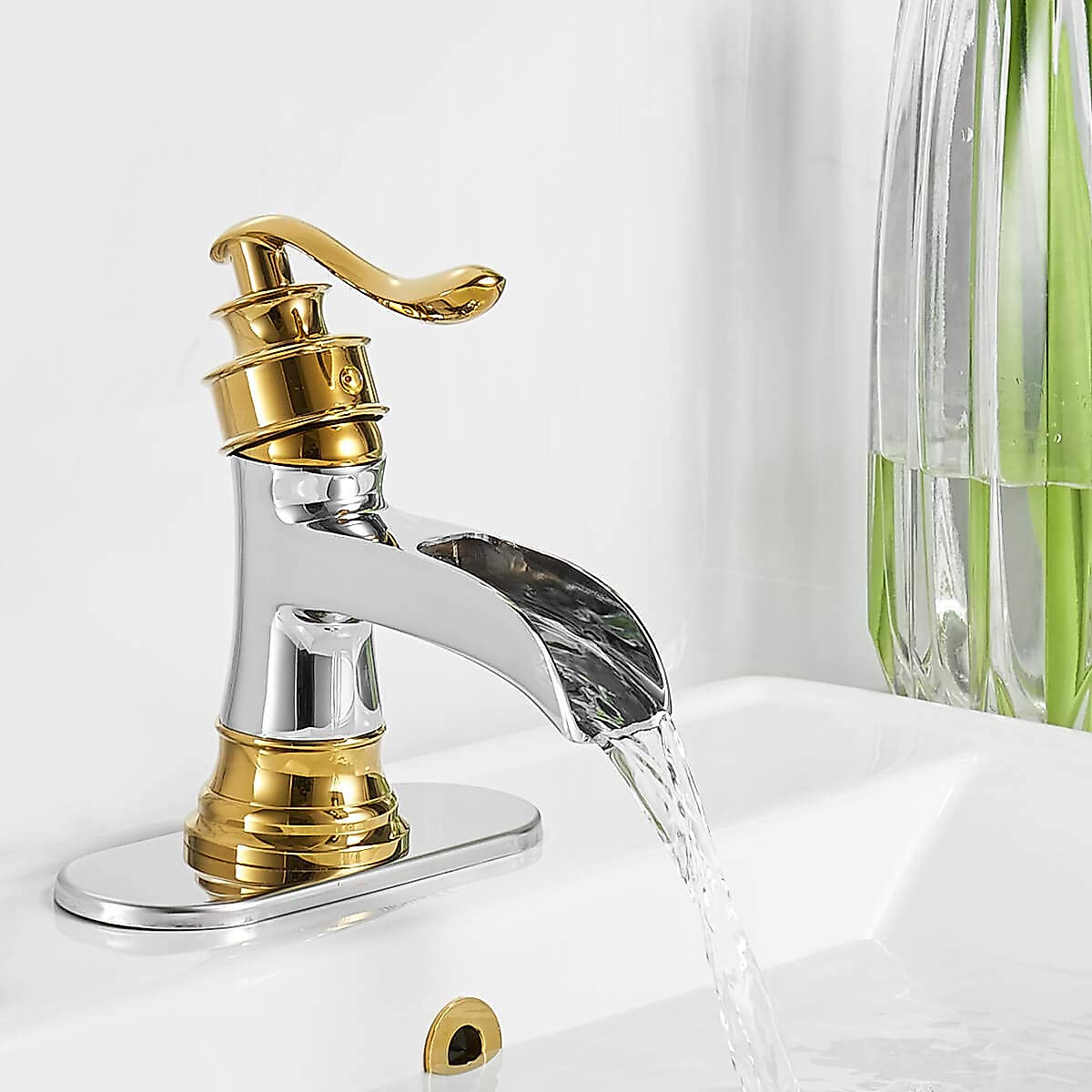 Homevacious Bathroom Faucet Waterfall Single Handle Chrome and Gold Vanity with Pop Up Drain with Overflow One Hole Lever Bath Sink Basin Restroom Mixer Tap Commercial Supply Line Lead-Free
