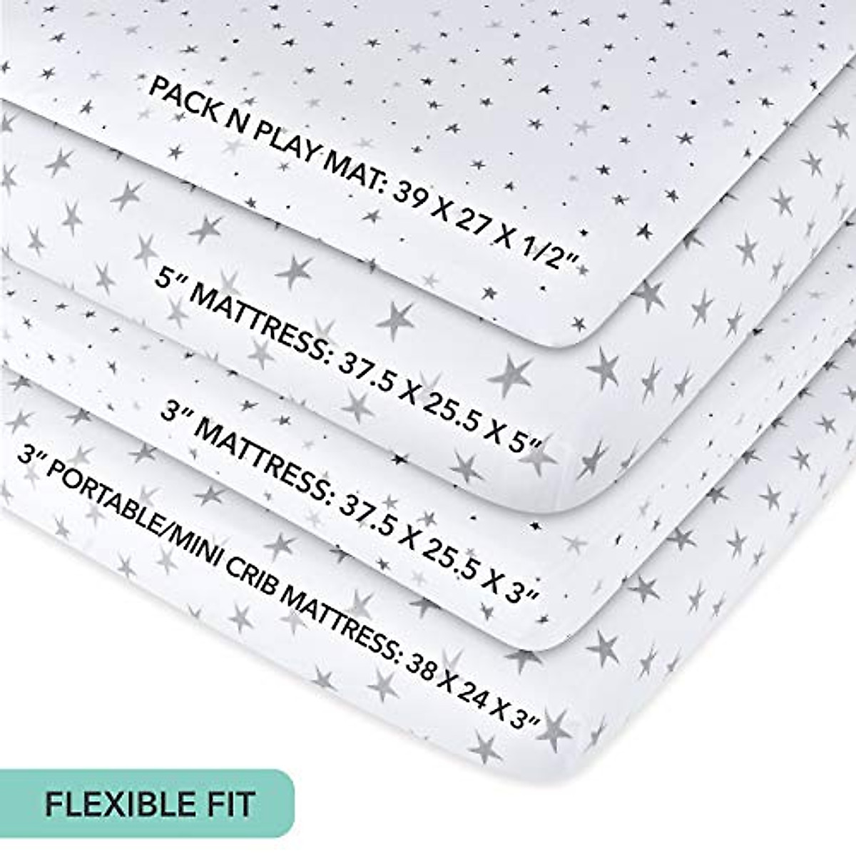 Ely's & Co. Patent Pending Waterproof Pack n Play│Mini Crib Sheet 2-Pack Set for Baby Boy or Baby Girl - 100% Combed Jersey Knit Cotton Sheets with Eco-Friendly Waterproof Lining — Grey Stars