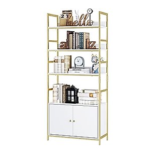 finetones Bookshelf with 2 Cabinets, 71" White and Gold Bookshelf with Doors and Metal Frame, Free Standing Bookshelf Cabinet Display Storage Rack Shelves for Bedroom Living Room Office