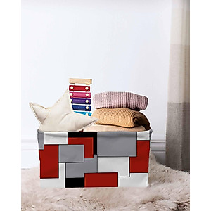 Abstract Storage Basket Large Foldable Storage Bins with Handles Geometric Mid Century Red Nordic Waterproof Fabric Laundry Baskets for Organizing Shelves Closet Toy Gifts Bedroom Home Decor