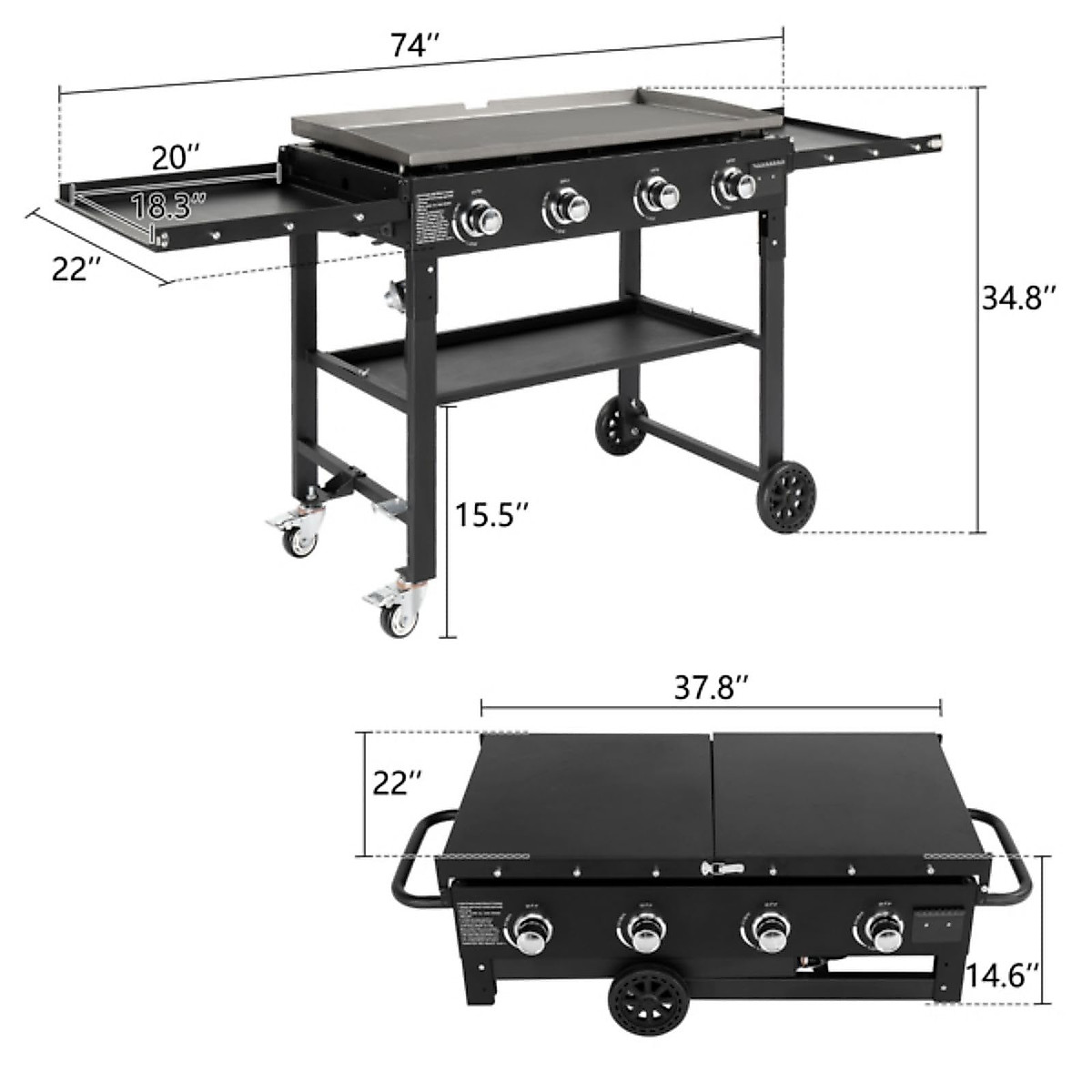 Commercial Griddle on Cart, 36" Heavy Duty Manual Flat Top Griddle, Outdoor Cooking Station with Side Shelves, Steel Natural Gas Griddle, 4-Burners Restaurant Portable Grill