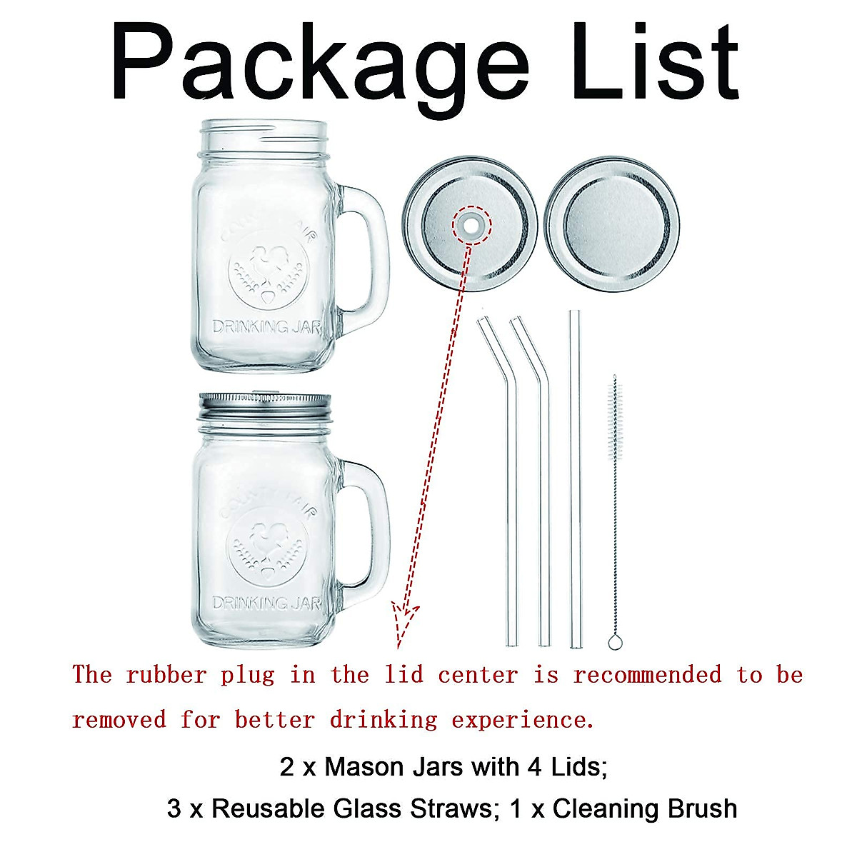 2PCS Mason Jar Lids 17OZ Straw Hole with 3 Reusable Glass Straw, 1 Cleaning Brush Mason Jar Drinking Lids and Straw Boba Cups Coffee Mug Wide Mouth Mason Jars