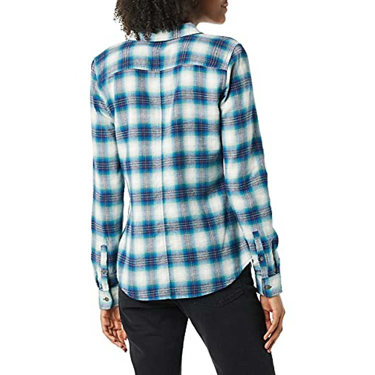 Goodthreads Women's Brushed Flannel Drop-Shoulder Long-Sleeve Shirt, Blue White Tartan, Large