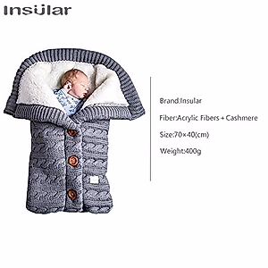 insular Warm Baby Sleeping Bag Envelope Winter Kid Sleepsack Footmuff Stroller Knitted Sleep Sack Newborn Knit Wool Swaddling Blanket (Gray)
