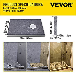 VEVOR Shower Curb Kit, 38"x60" Watertight Shower Curb Overlay with 4" ABS Offset Bonding Flange, 4" Stainless Steel Grate, 2 Cuttable Shower Curb and Trowel, Shower Pan Slope Sticks Fit for Bathroom