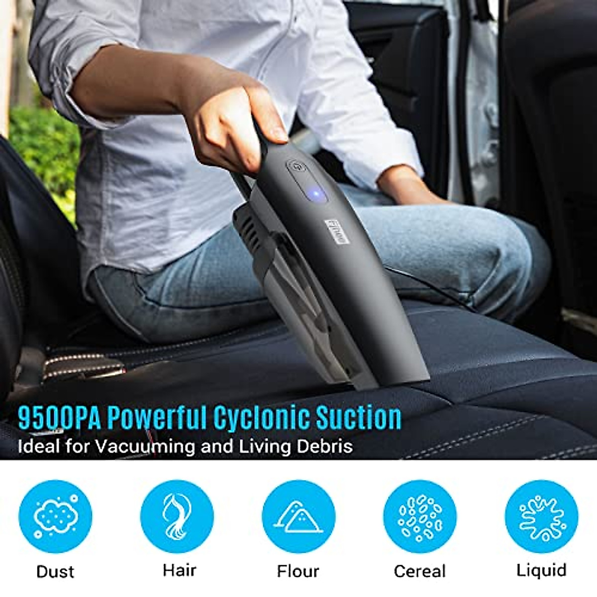 Fjhee Car Vacuum 13.2FT Corded, Portable Car Vacuum Cleaner Strong Suction DC 12V/9500Pa Handheld Vacuums w/4 Attachments for Car Interior Detailing Auto Accessories Cleaning Tool Kit w/Storage Bag